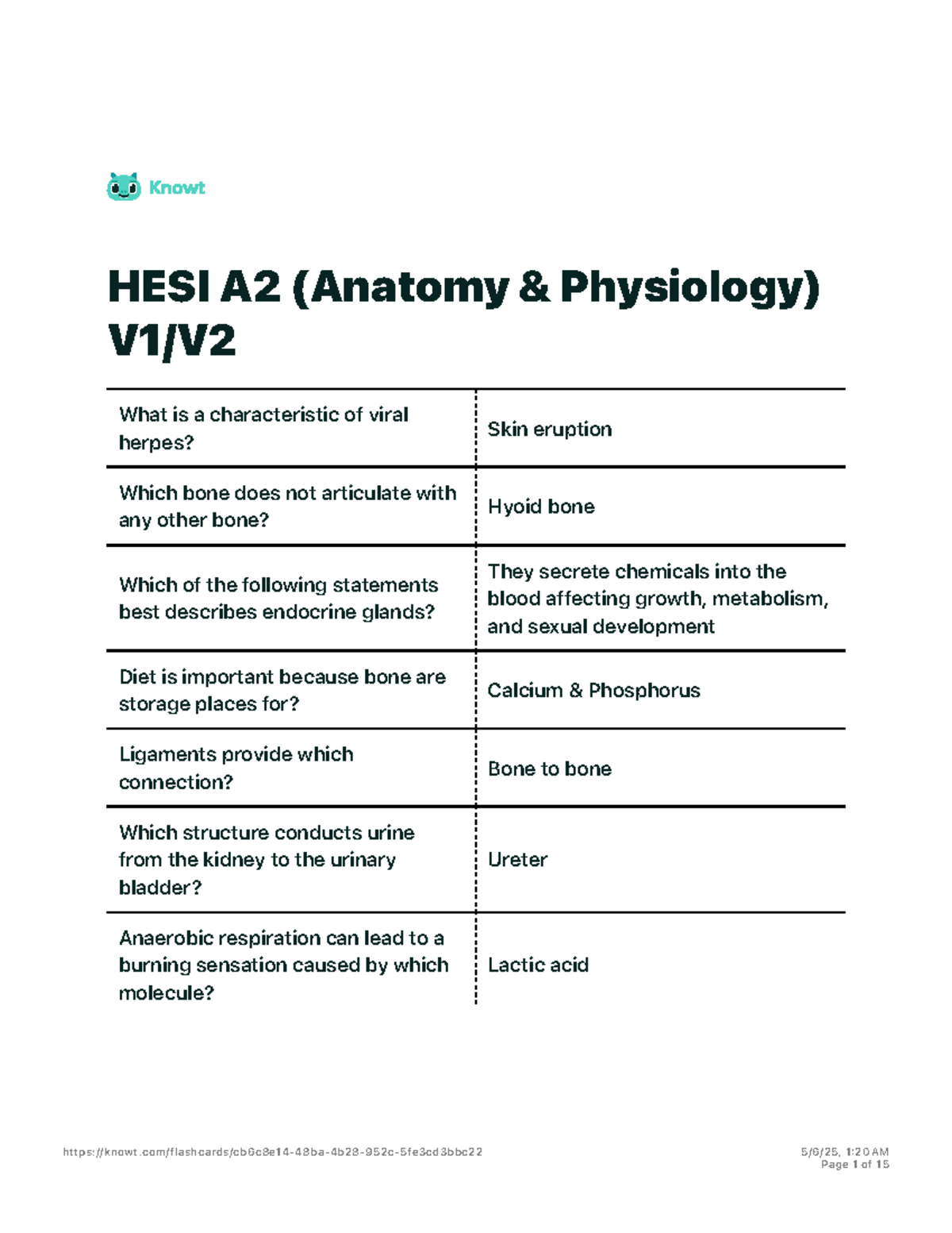 HESI A2 Anatomy & Physiology V1-V2 Flashcards Study Guide - Studocu
