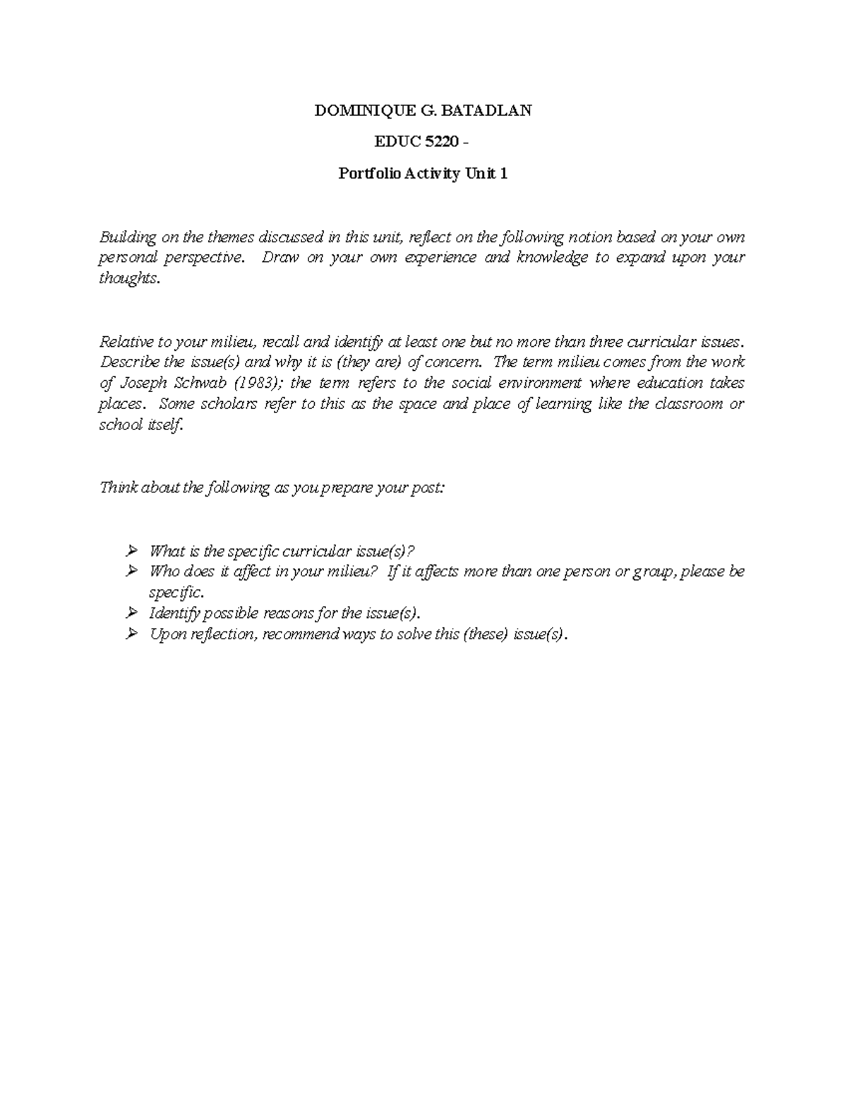 Portfolio Activity Unit 1 - DOMINIQUE G. BATADLAN EDUC 5220 - Portfolio ...