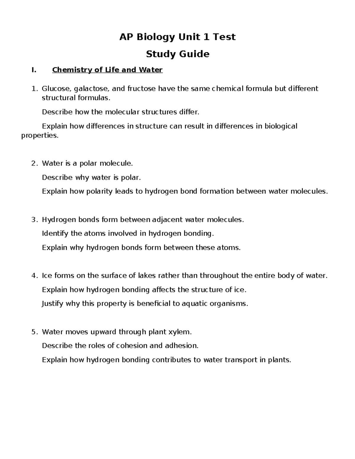 AP Biology Unit 1 Test Study Guide: Chemistry of Life & Water - Studocu