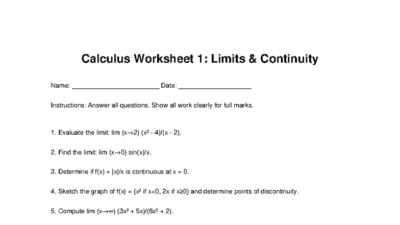 Calculus Worksheet 1: Limits and Continuity Exercises - Studocu