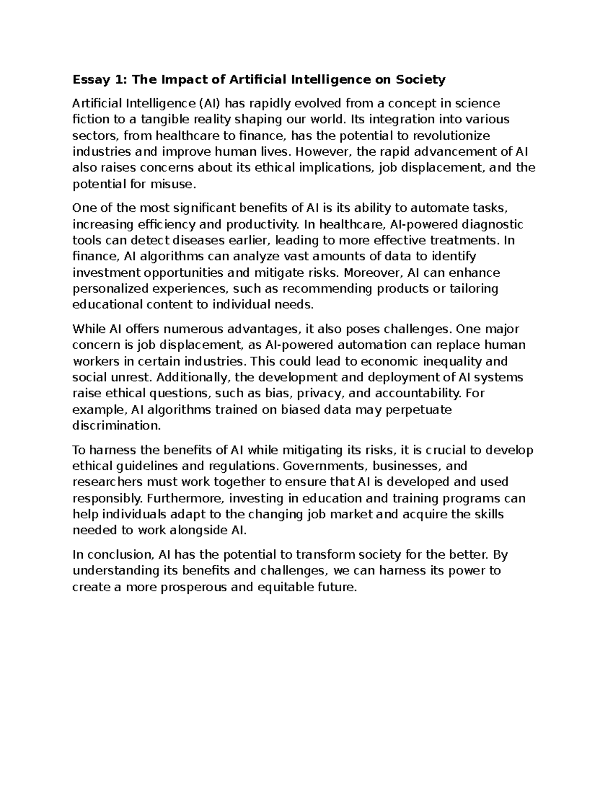 Essay 1: Understanding the Impact of Artificial Intelligence on Society ...