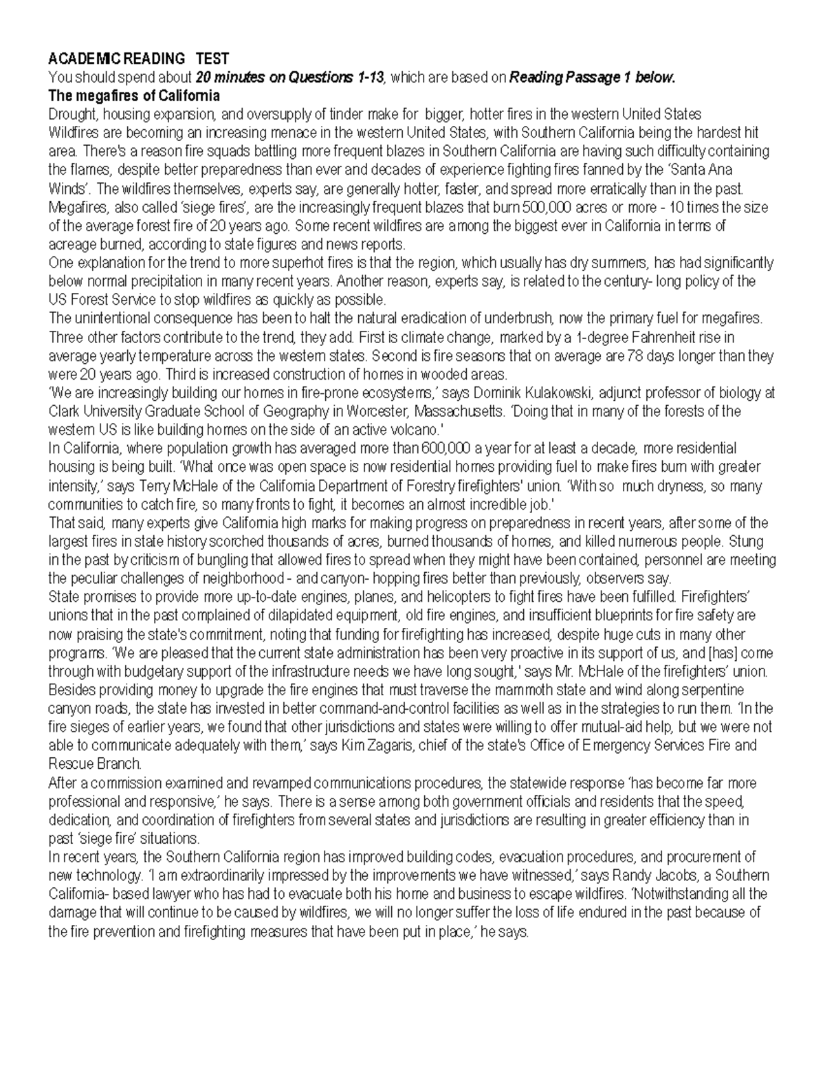 Academic reading test: understanding the megafires of California - Studocu