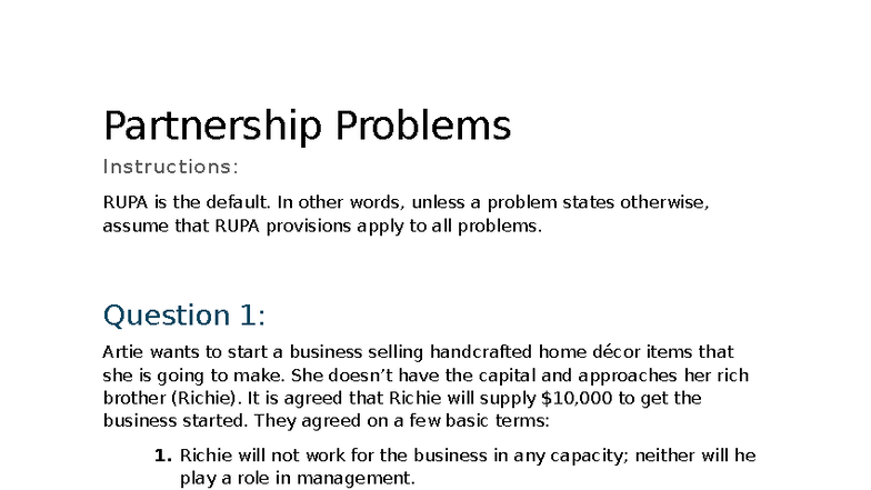 Partnership Problems - Practice Questions on RUPA Principles - Studocu