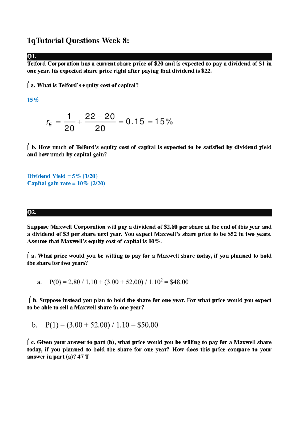 FINA1221 Tutorial Week 8 - 1qTutorial Questions Week 8: Q1. Telford ...