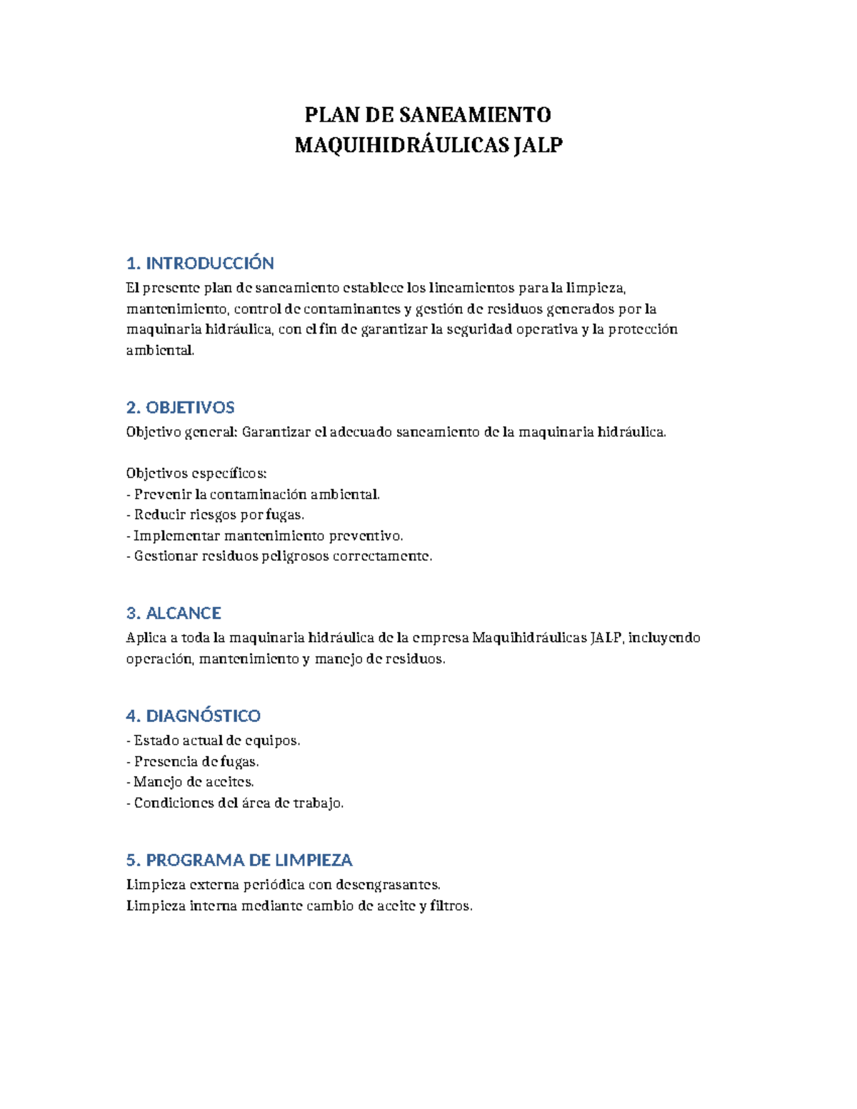 Plan de Saneamiento para Maquinaria Hidráulica JALP - Studocu
