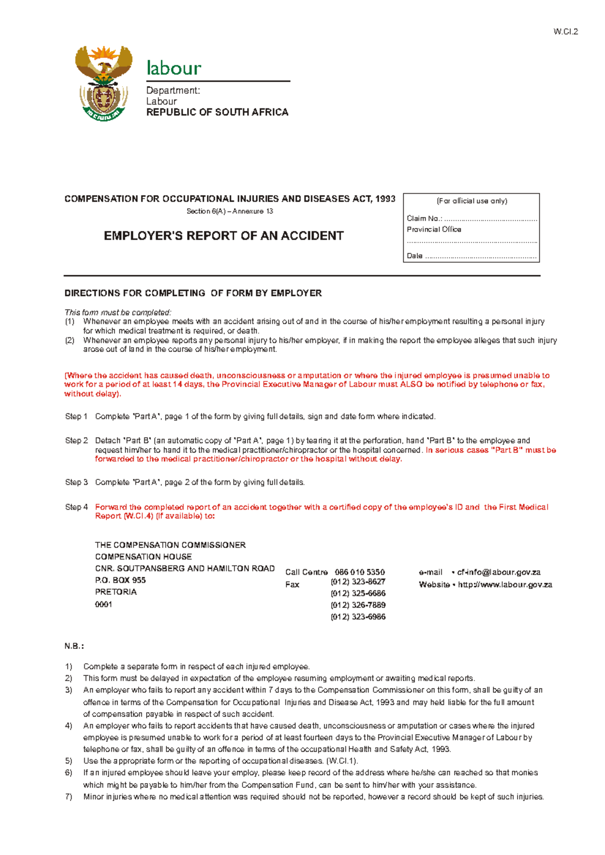 W.Cl. 2 Employer's Accident Report - Instructions & Guidelines - Studocu