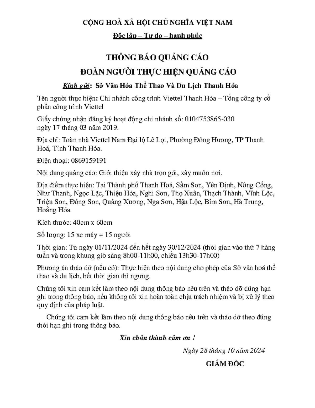 THÔNG BÁO QUẢNG CÁO ĐOÀN NGƯỜI THỰC HIỆN VIETTEL 2024 - Studocu