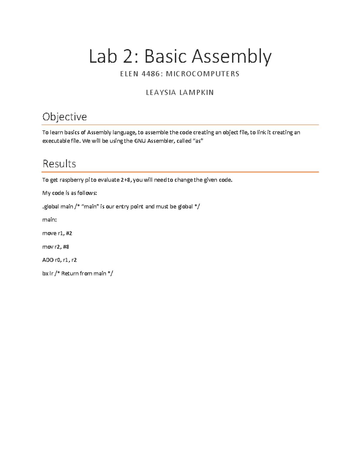 Lab 2 Report - Lab 2: Basic Assembly ELEN 44 86 : MI CR O CO MPUT ER S ...