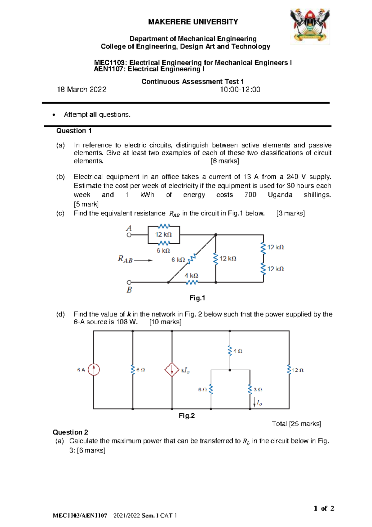 CAT 1 MEC1103-AEN1107: Electrical Engineering Concepts & Calculations - Studocu