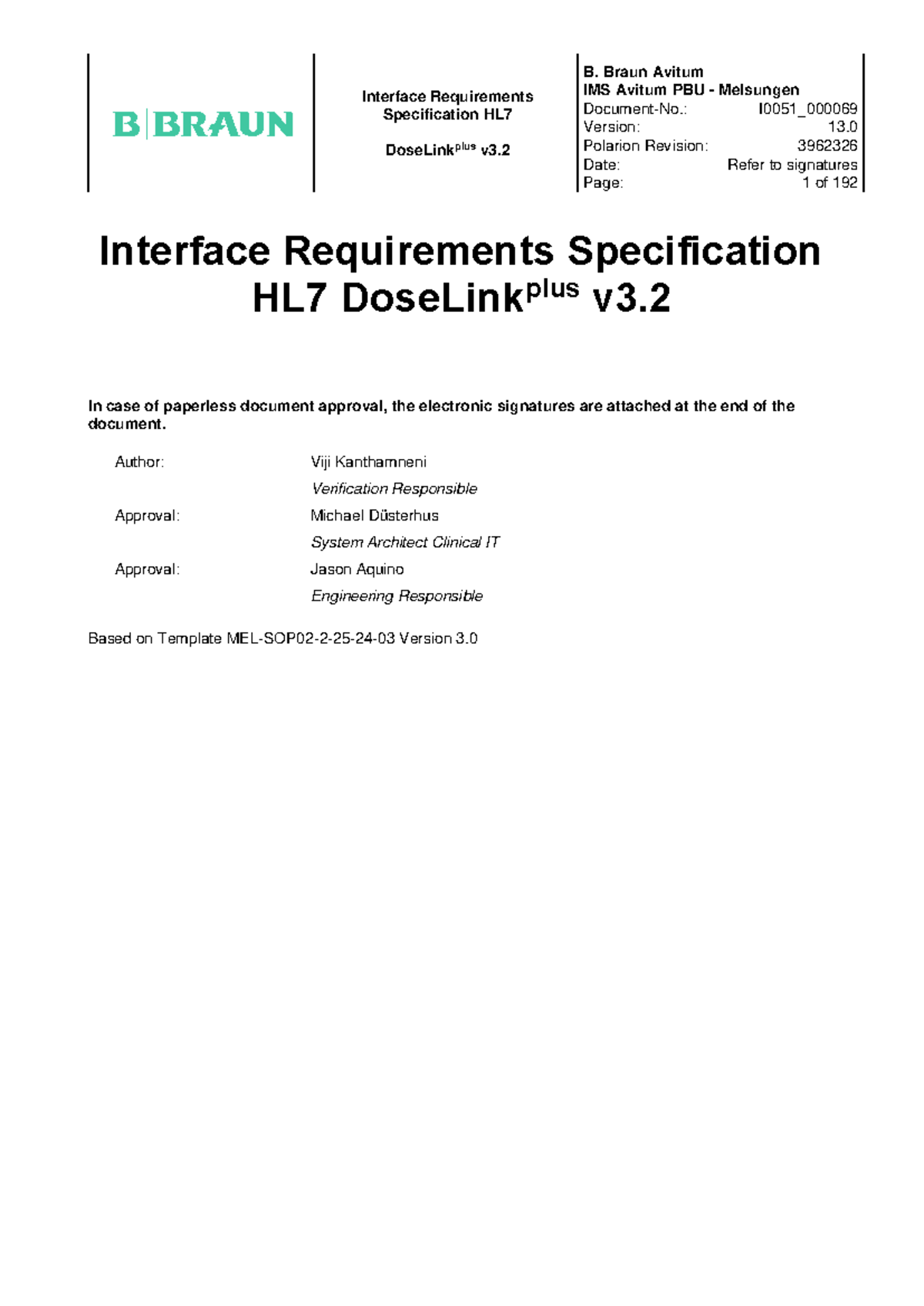 Interface Requirements Specification for HL7 DoseLinkplus v3.2 - B. Braun Avitum - Studocu
