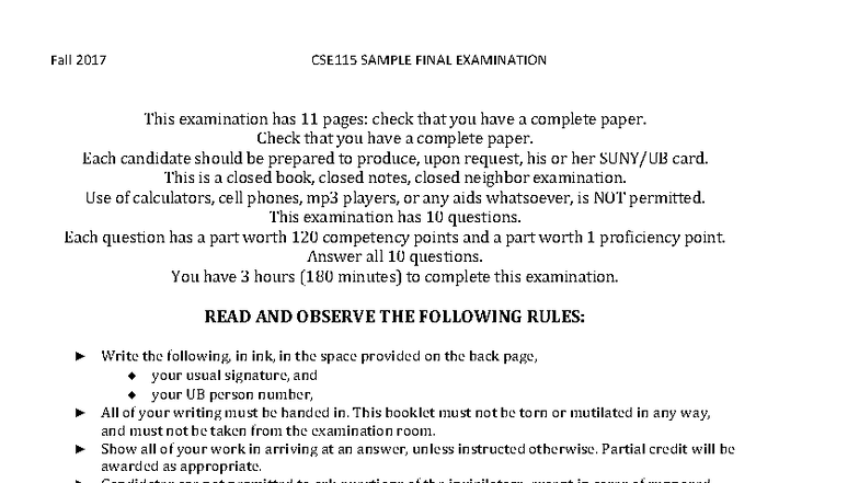 FA17 CSE115 Sample Final Exam Solutions and Guidelines - Studocu