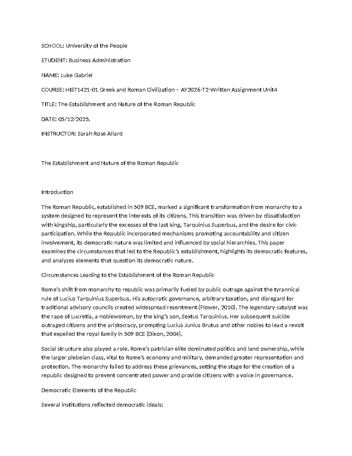 HIST1421-01 Greek and Roman Civilization: Roman Republic Analysis - Studocu