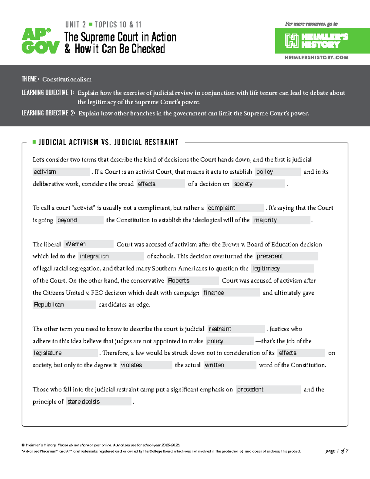 The Supreme Court's Power: Checks by Other Branches (APUSH Unit 2 ...
