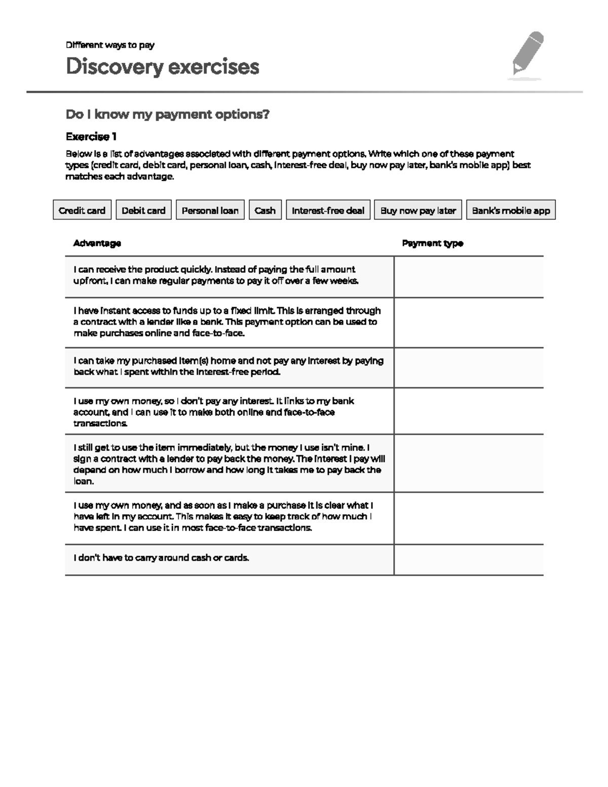 Exploring Various Payment Methods Worksheets - Studocu