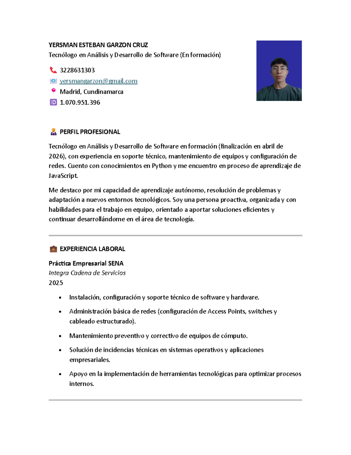 Perfil Profesional de Yersman Esteban Garzón Cruz - Tecnólogo en ADS ...