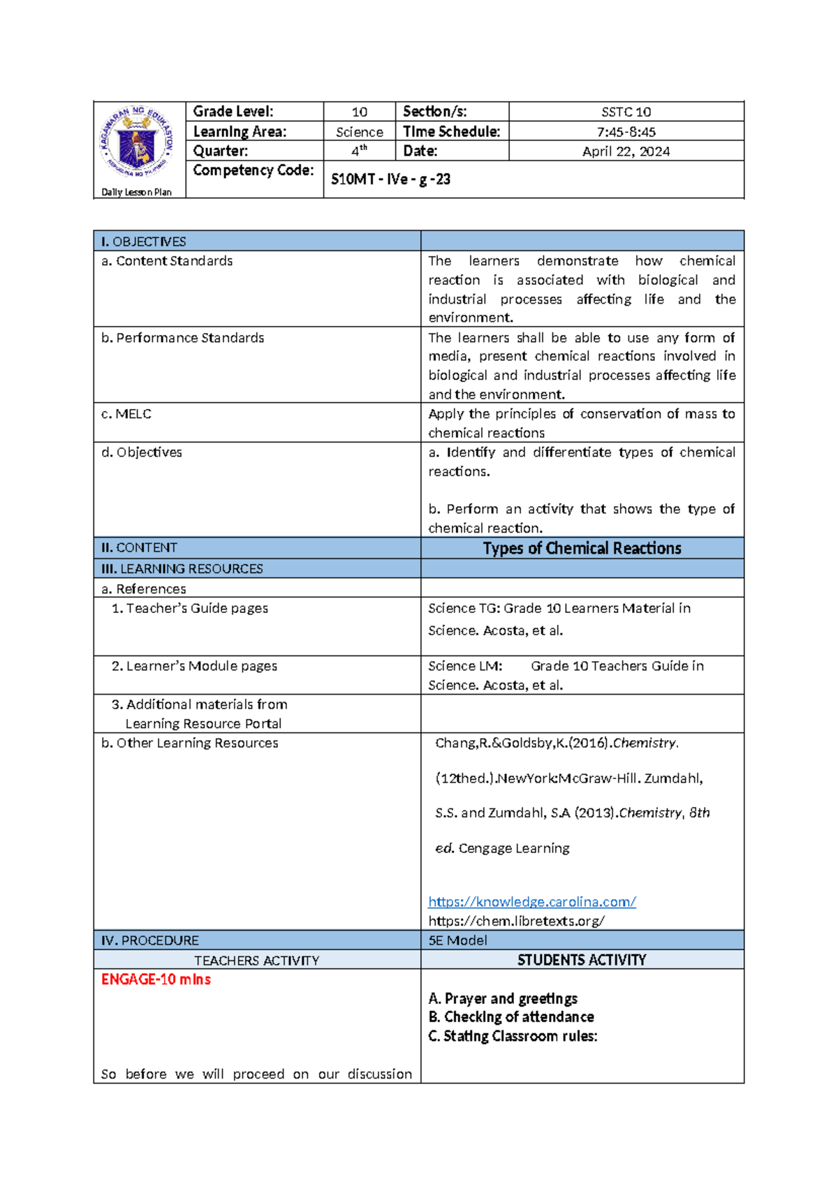LP Chemical Reaction - Daily Lesson Plan Grade Level: 10 Section/s ...