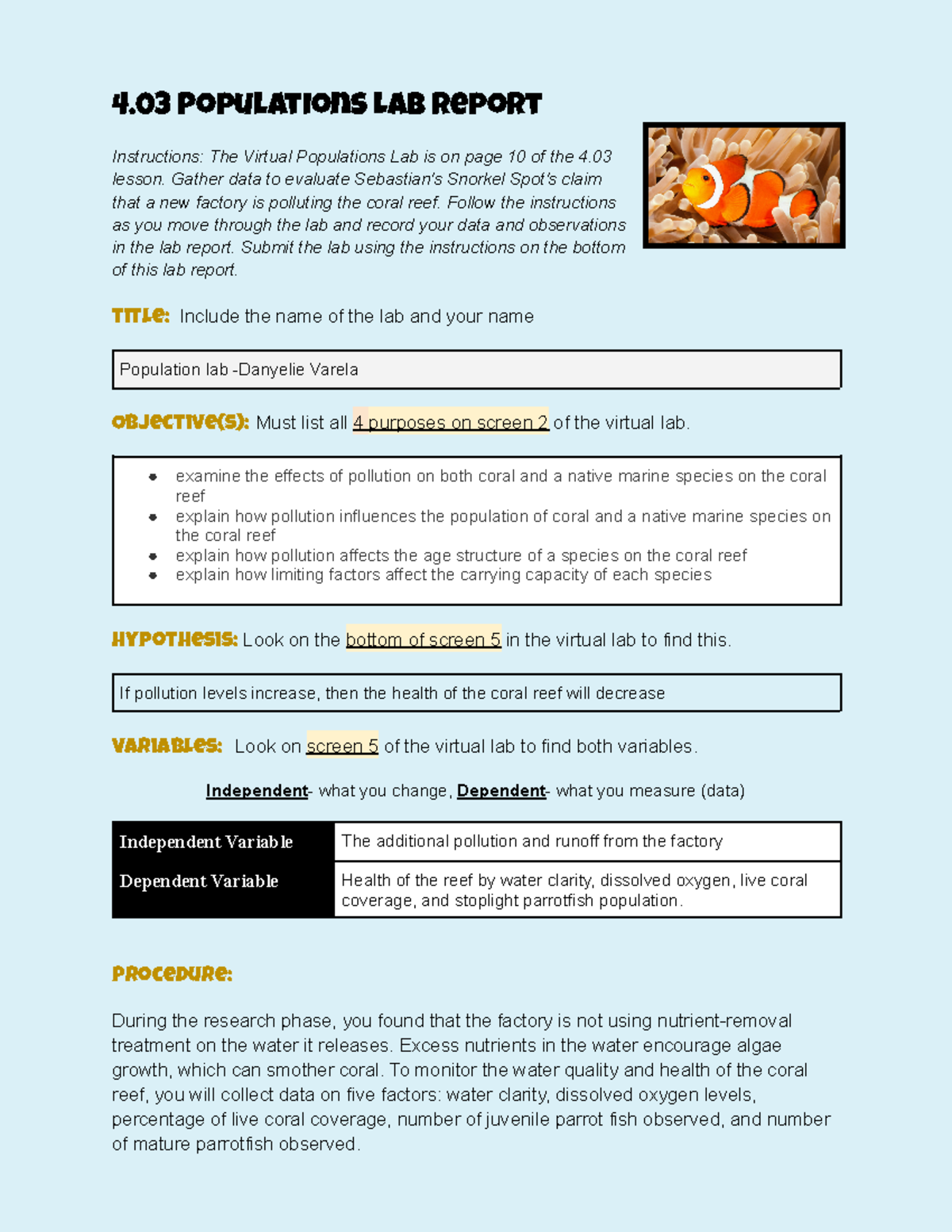 4.03 Populations Lab Report: Evaluating Pollution Effects on Coral Reef ...