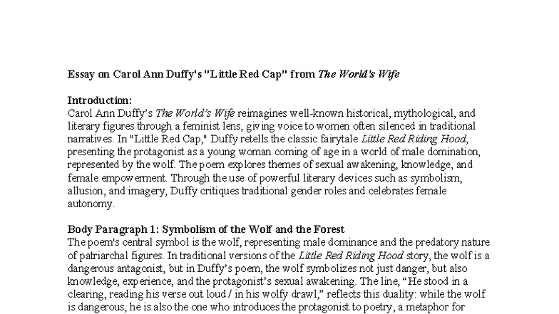 Essay on Carol Ann Duffy's "Little Red Cap" Analysis - Studocu