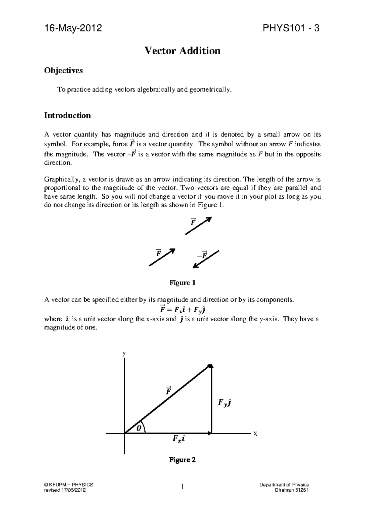 PHYS101 3 Vector Addition Lab Assignment and Objectives - Studocu