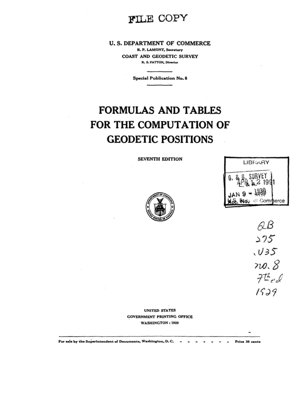 Formulas and Tables for Geodetic Position Computation - Special Pub No ...
