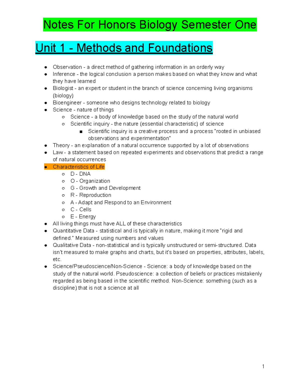 Notes for honors biology - Notes For Honors Biology Semester One Unit 1 ...