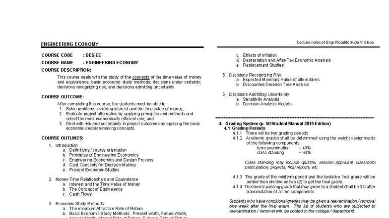 Lecture Notes on Engineering Economy (BES EE) by Engr. Rosalito Juda V ...