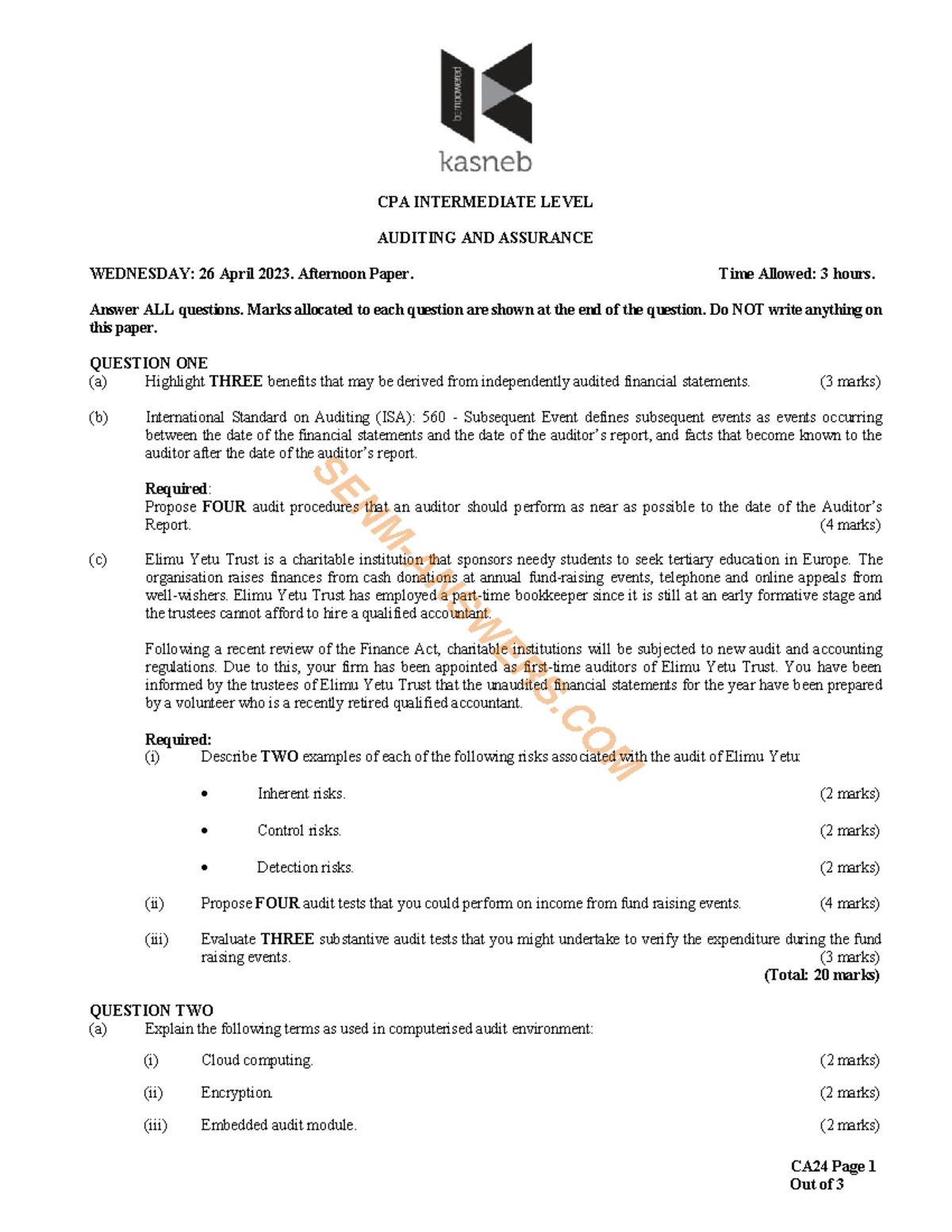 Auditing and Assurance CPA Intermediate Level Past Paper - April 2023 ...