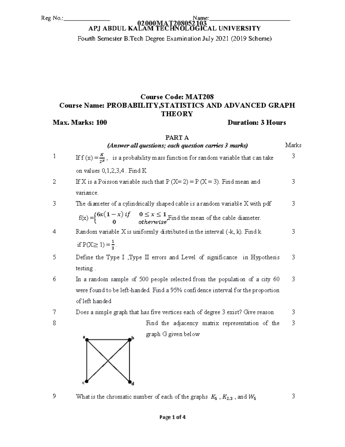 MAT208 - Probability, Statistics & Advanced Graph Theory QP July 2021 ...