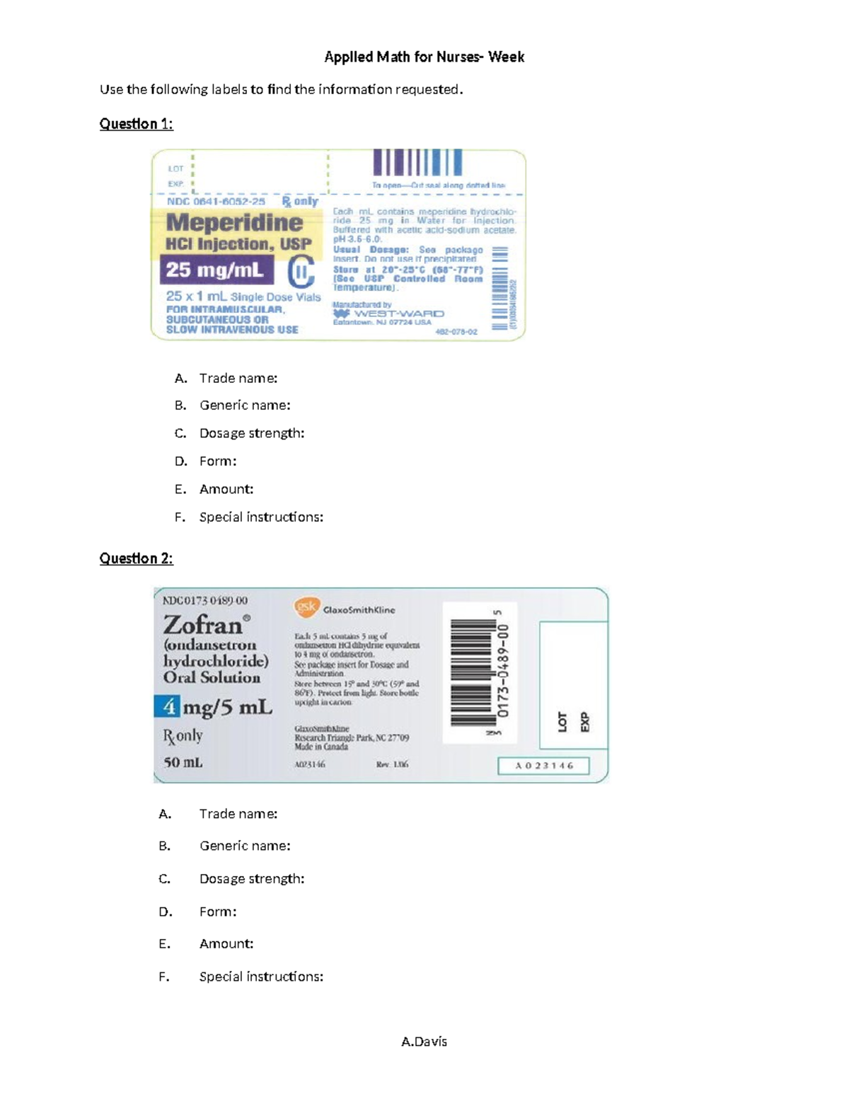 Applied Math A.Davis: Reading Medication Labels Activity - Studocu