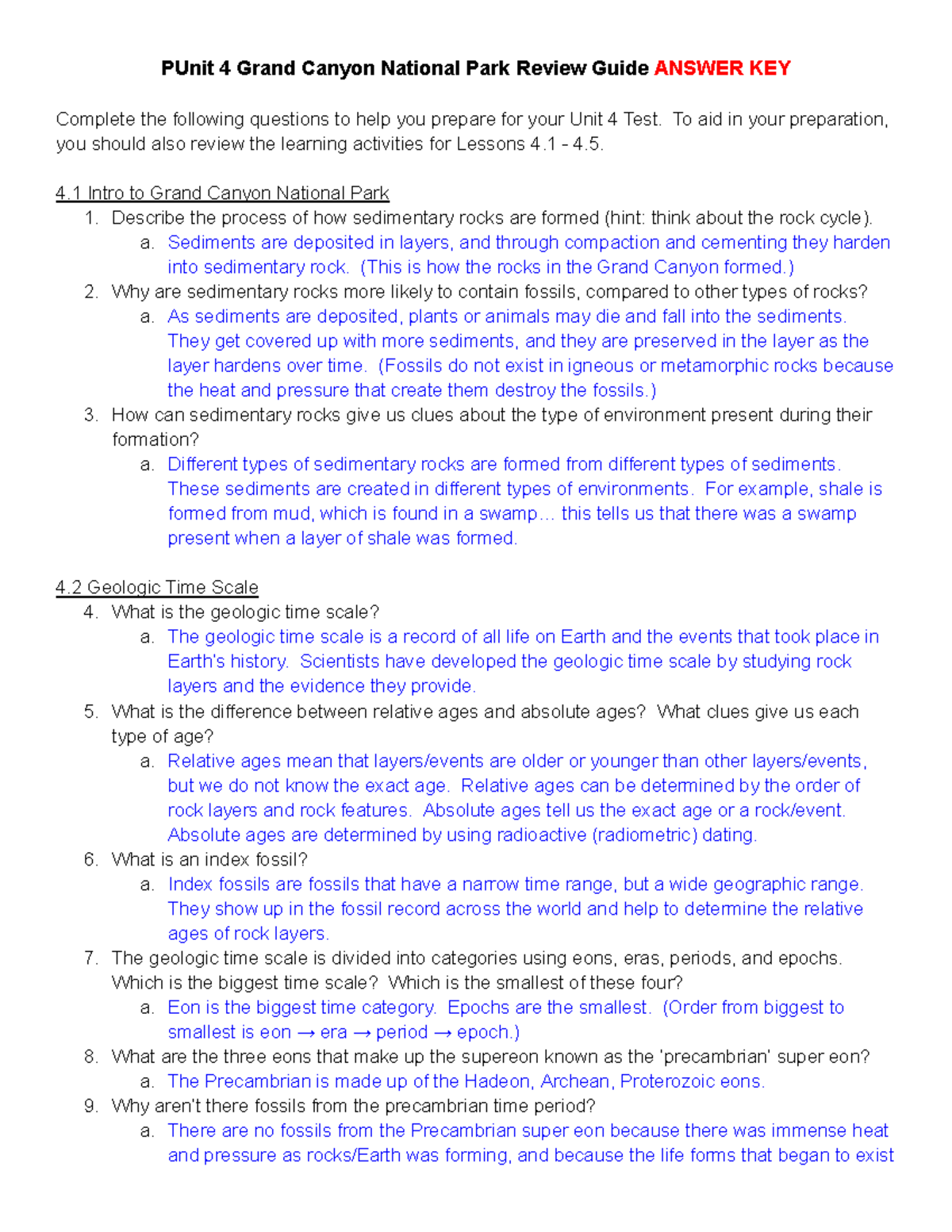 PUnit 4 Grand Canyon National Park Review Guide - Answer Key - Studocu