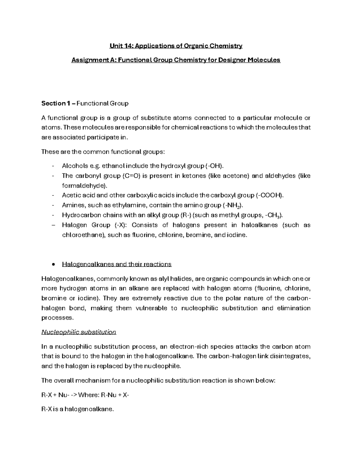 Unit 14 Assignment A: Functional Groups & Mechanisms in Organic ...