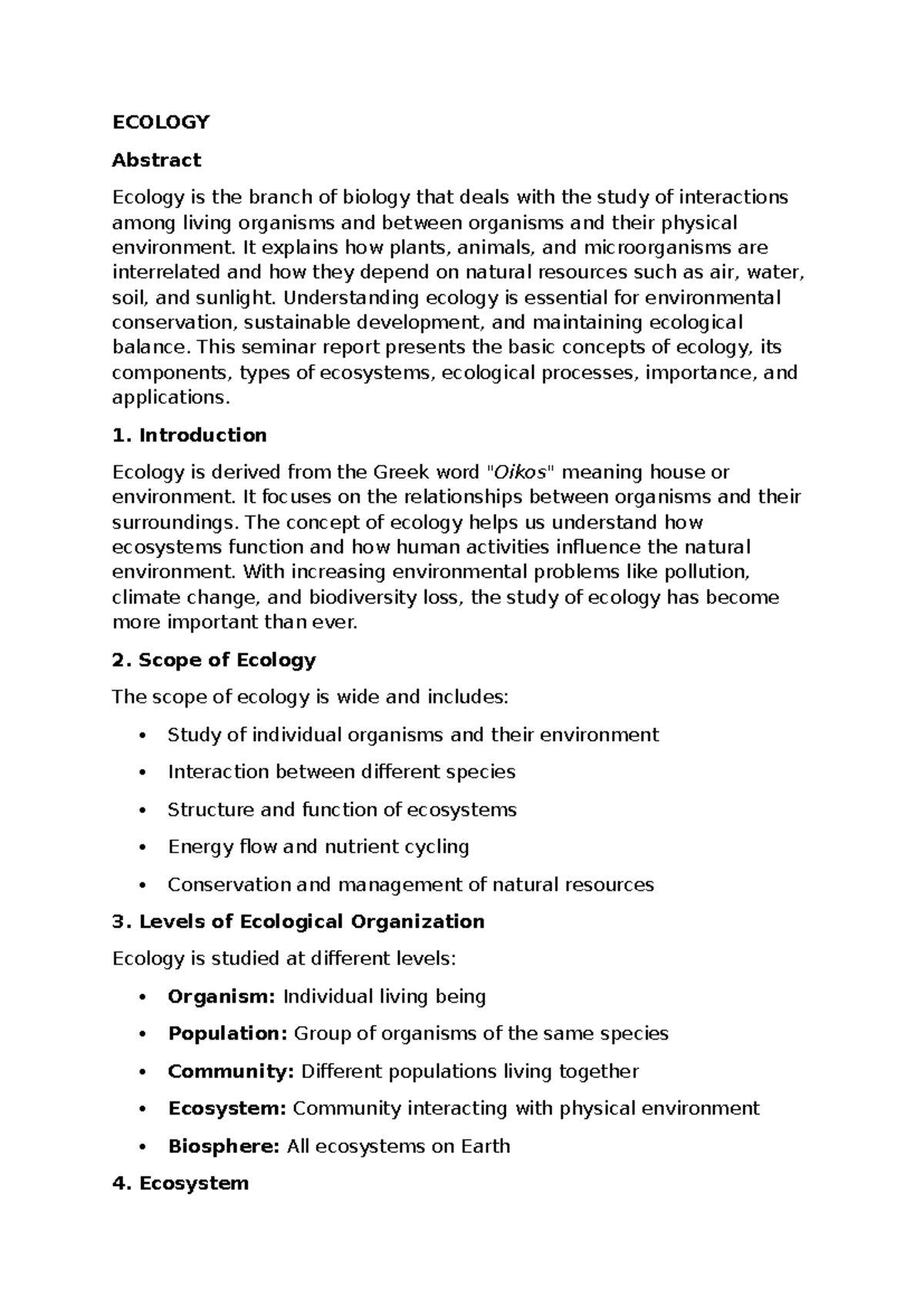 ECOLOGY 101: Seminar Report on Conservation Biology and Ecosystems ...