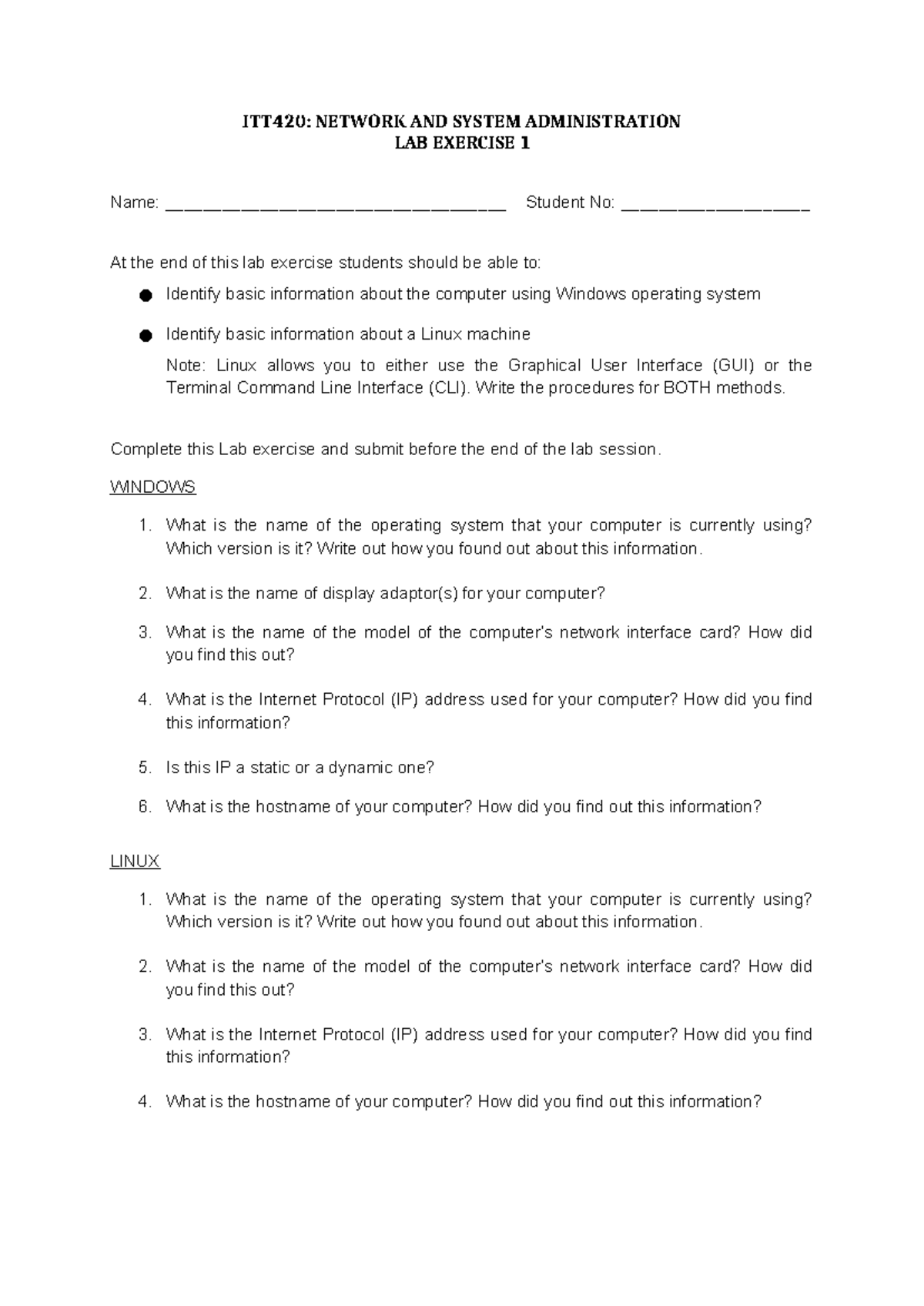 ITT420: Network & System Admin Lab Exercise 1 Guide - Studocu