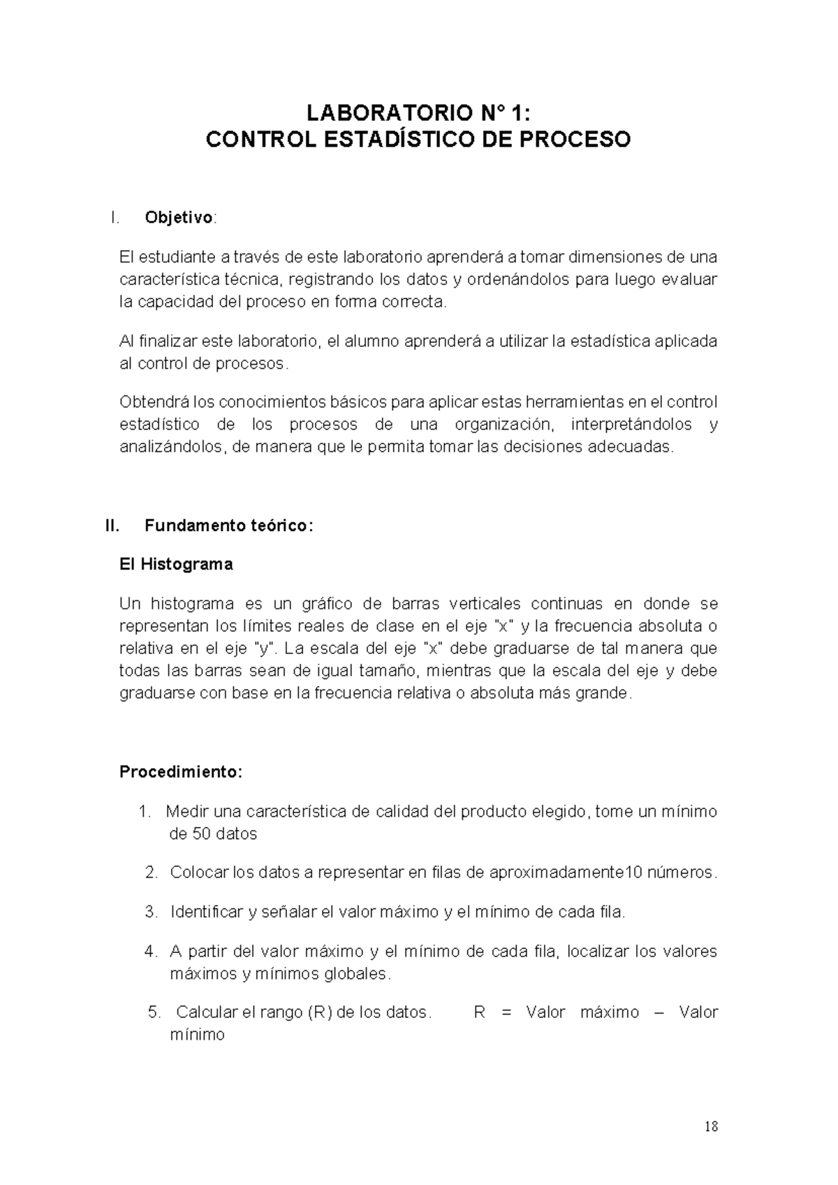 LABORATORIO 1: CONTROL ESTADÍSTICO DE PROCESO I - GUIA 2026-1 - Studocu