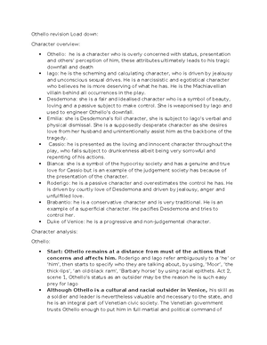 Othello Knowledge Organiser - Despite his elevated status, he is insecure due to his race and ...