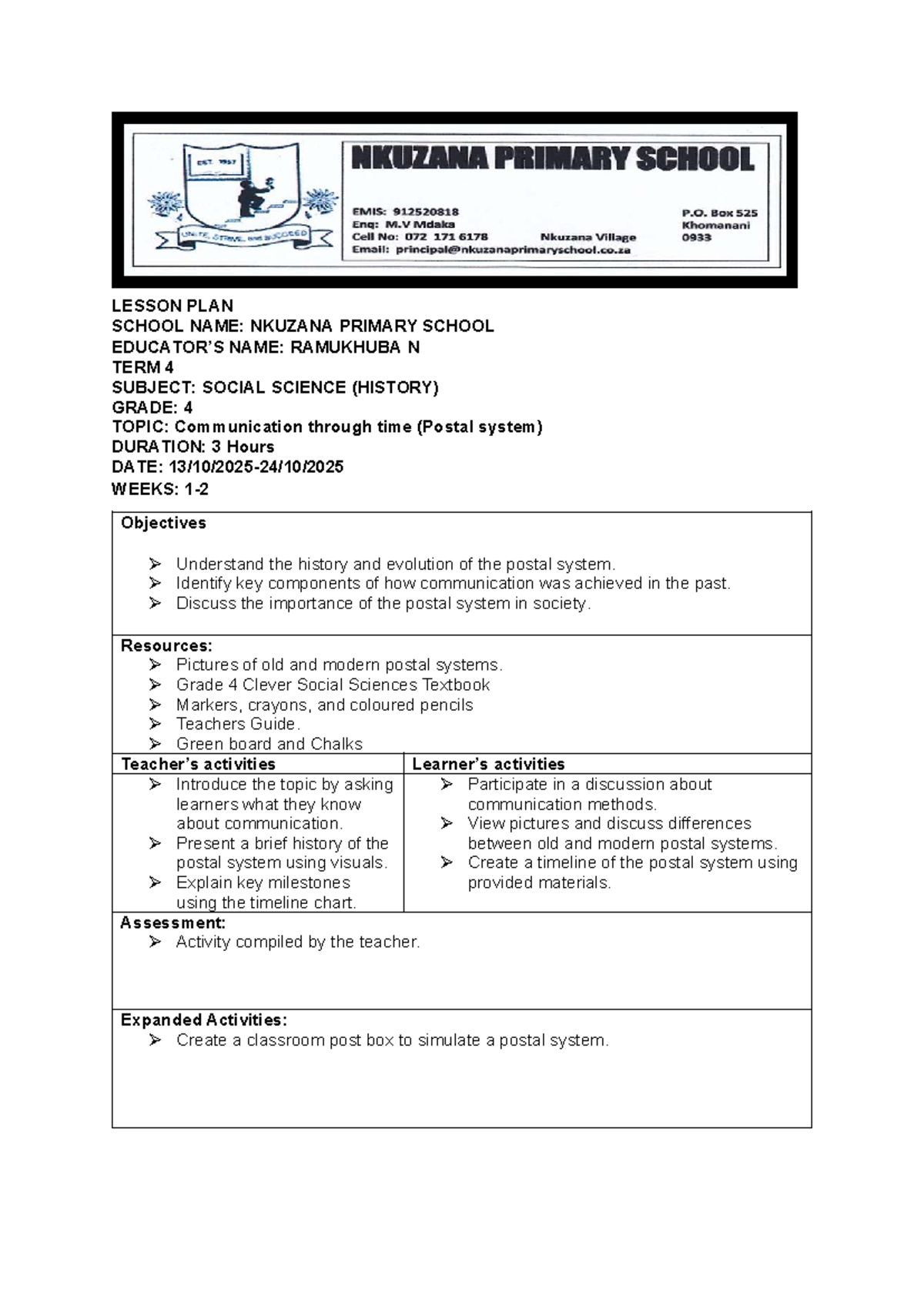 Grade 4 Social Science Lesson Plan: Communication Through Time - Studocu