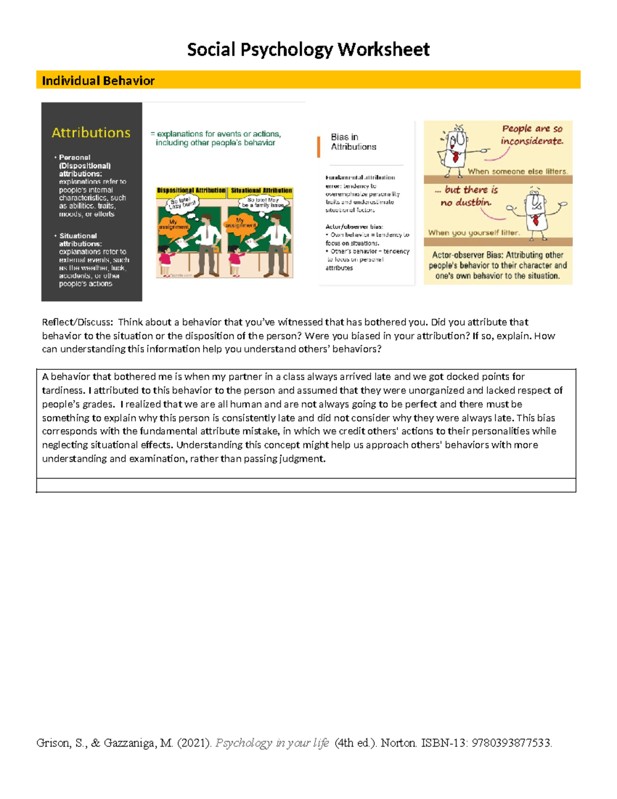 Social Psychology Worksheet - Social Psychology Worksheet Individual ...