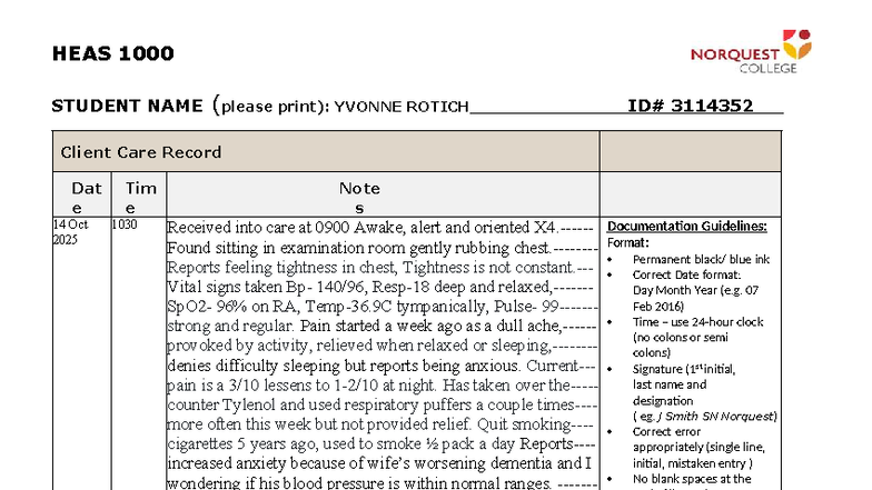 HEAS 3114352 Client Care Record & Pain Documentation - Studocu