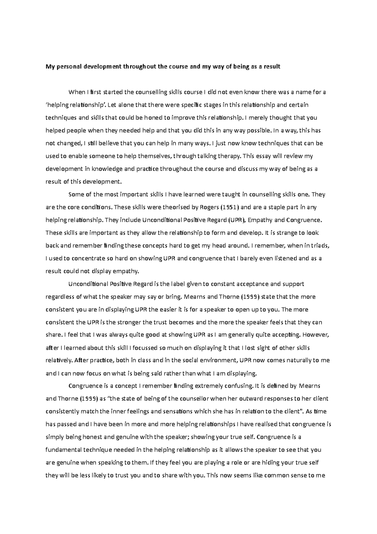 Counselling Skills Reflection - Insights from Course Progress (B+ ...