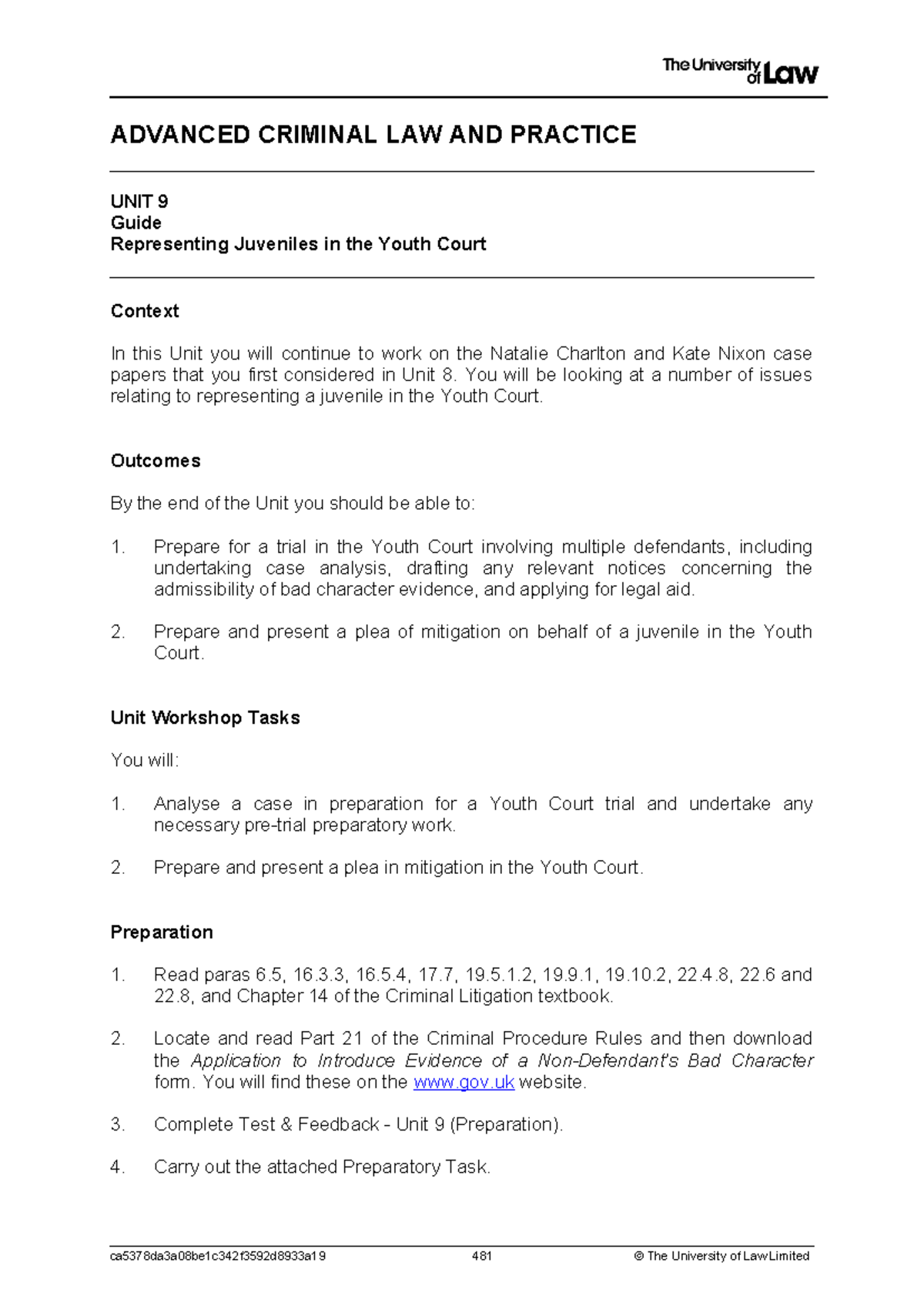 **Unit 9 Workshop: Representing Juveniles in Youth Court (Criminal Law ...