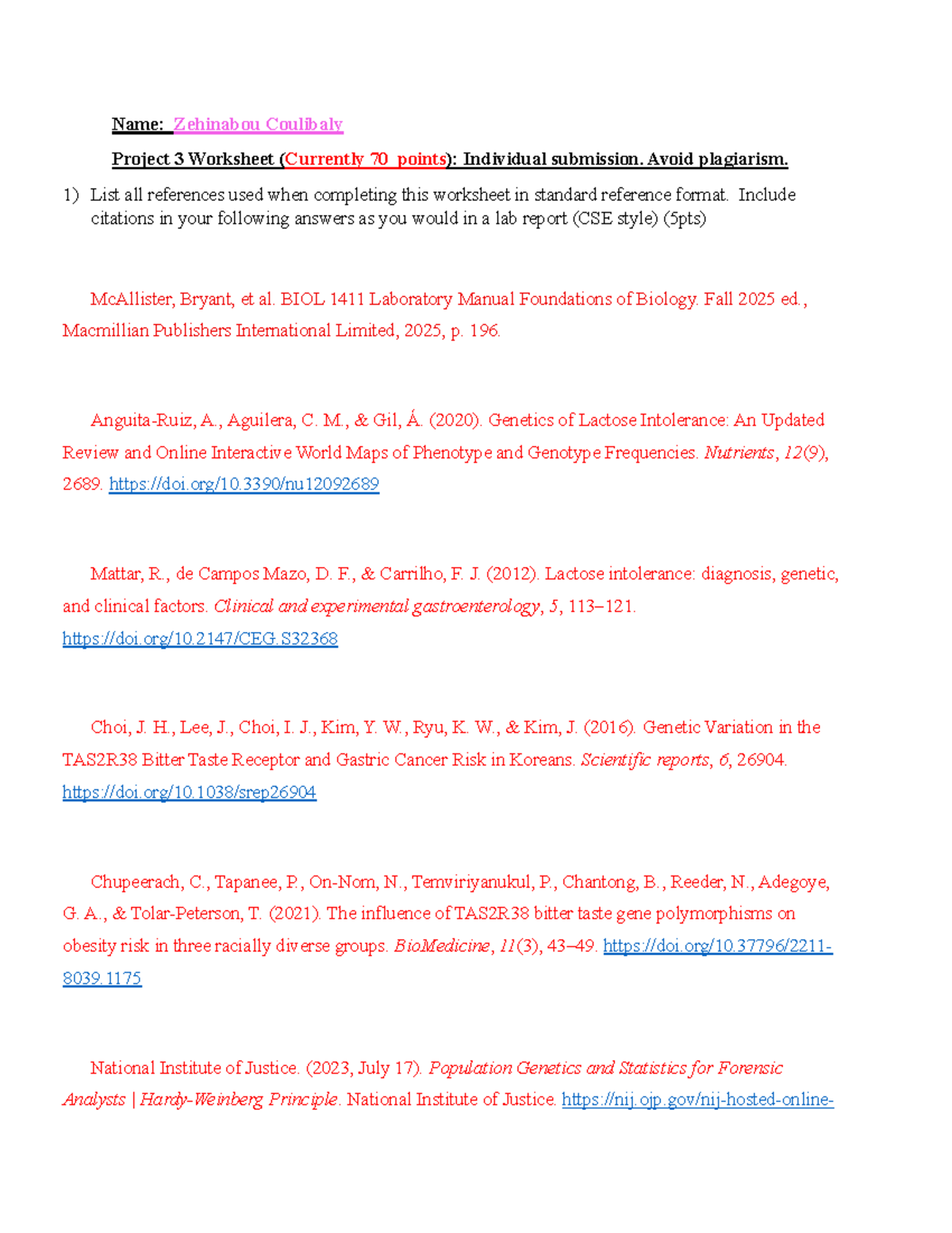 BIOL 1411 Project 3 Worksheet: Genetic Analysis of LCT and TAS2R38 ...