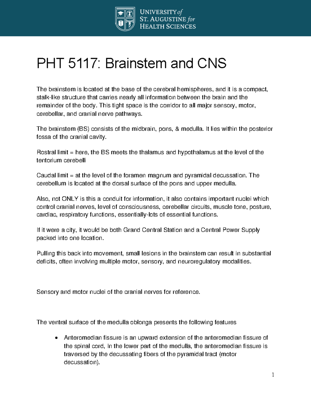PHT 5117: Comprehensive Overview of Brainstem Anatomy and Functions - Studocu