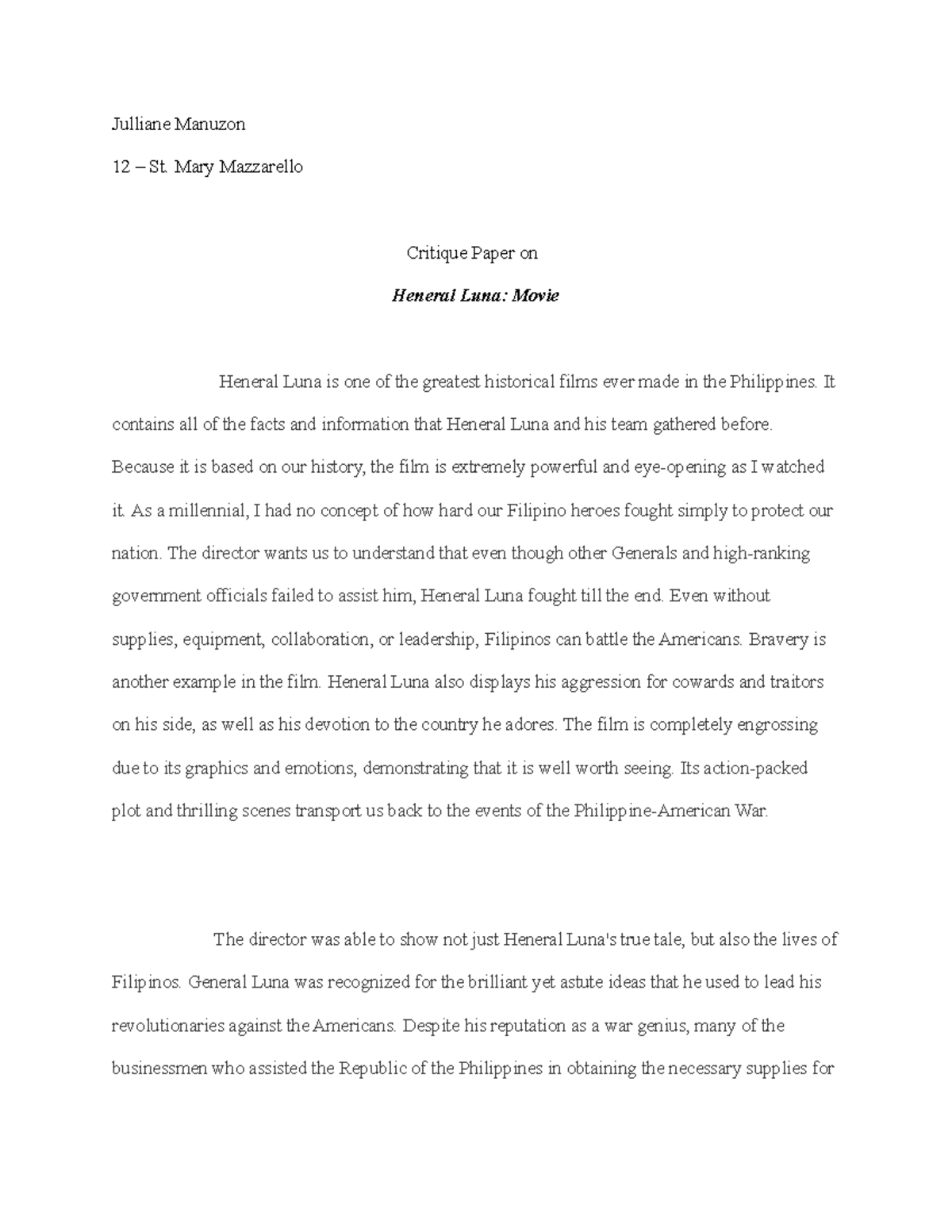 Heneral Luna Critique Paper: An Insight into Filipino Heroism - Studocu