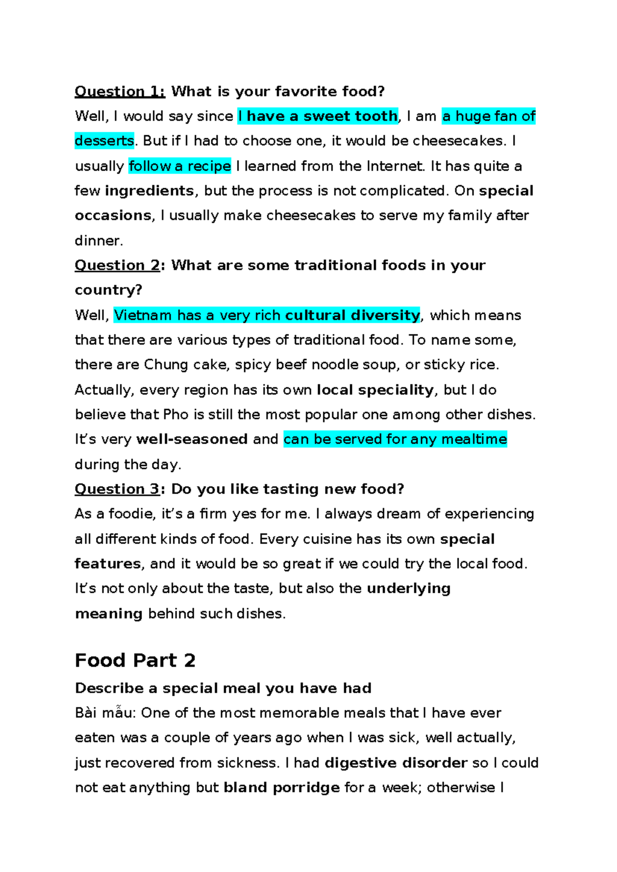 IELTS Speaking: Food Topic Insights and Vocabulary - Studocu