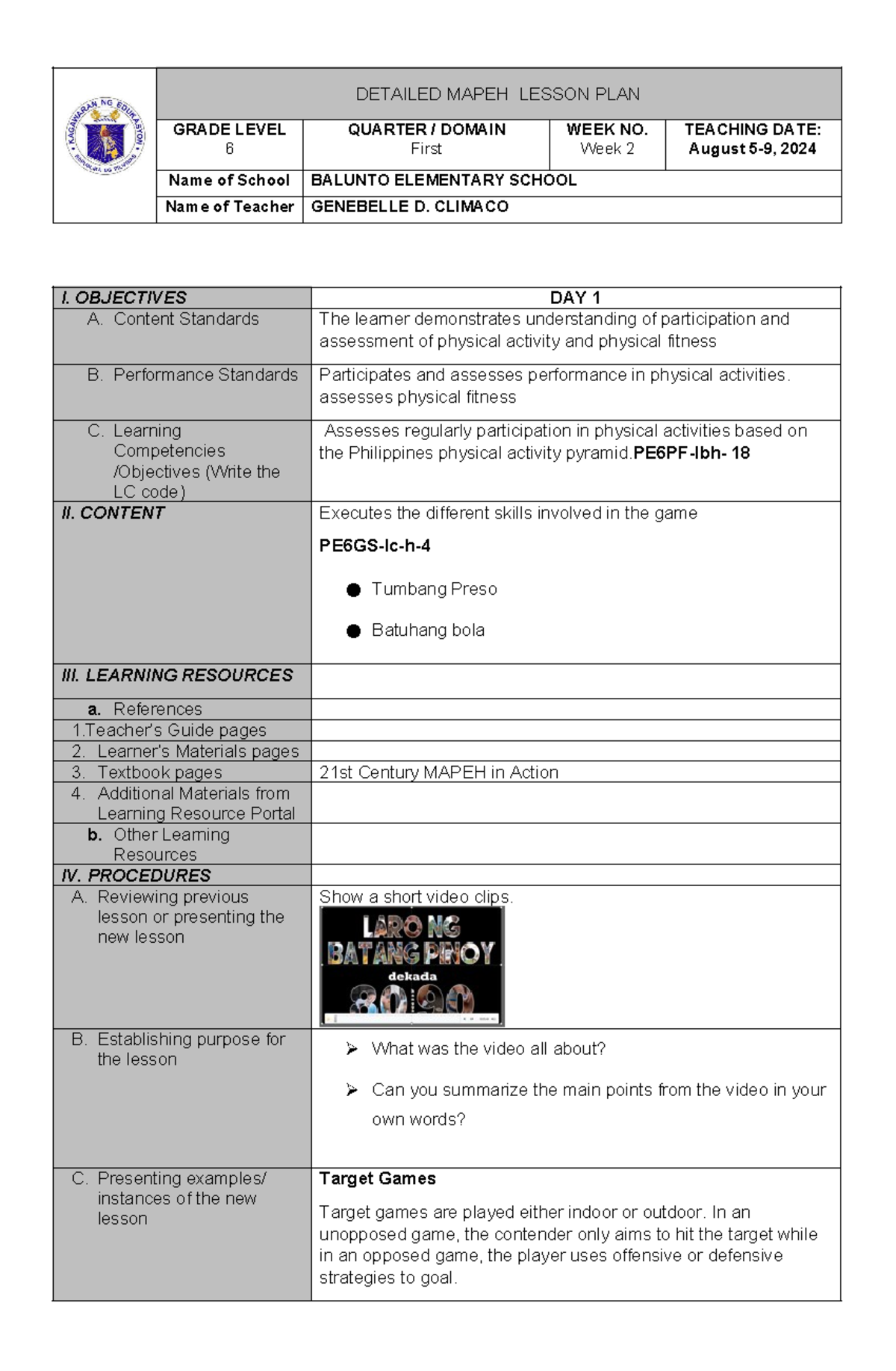 PE 6 DLP Week 2 Lesson Plans - Target Games and Safety Protocols - Studocu