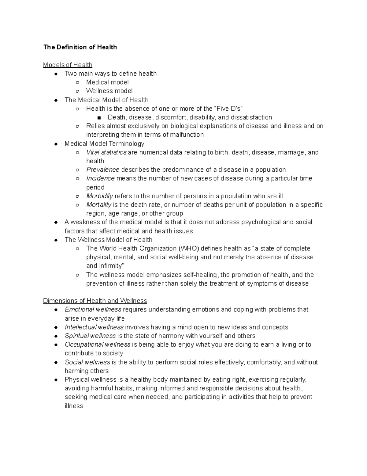 Health Models and Definitions: Medical vs. Wellness Perspectives - Studocu