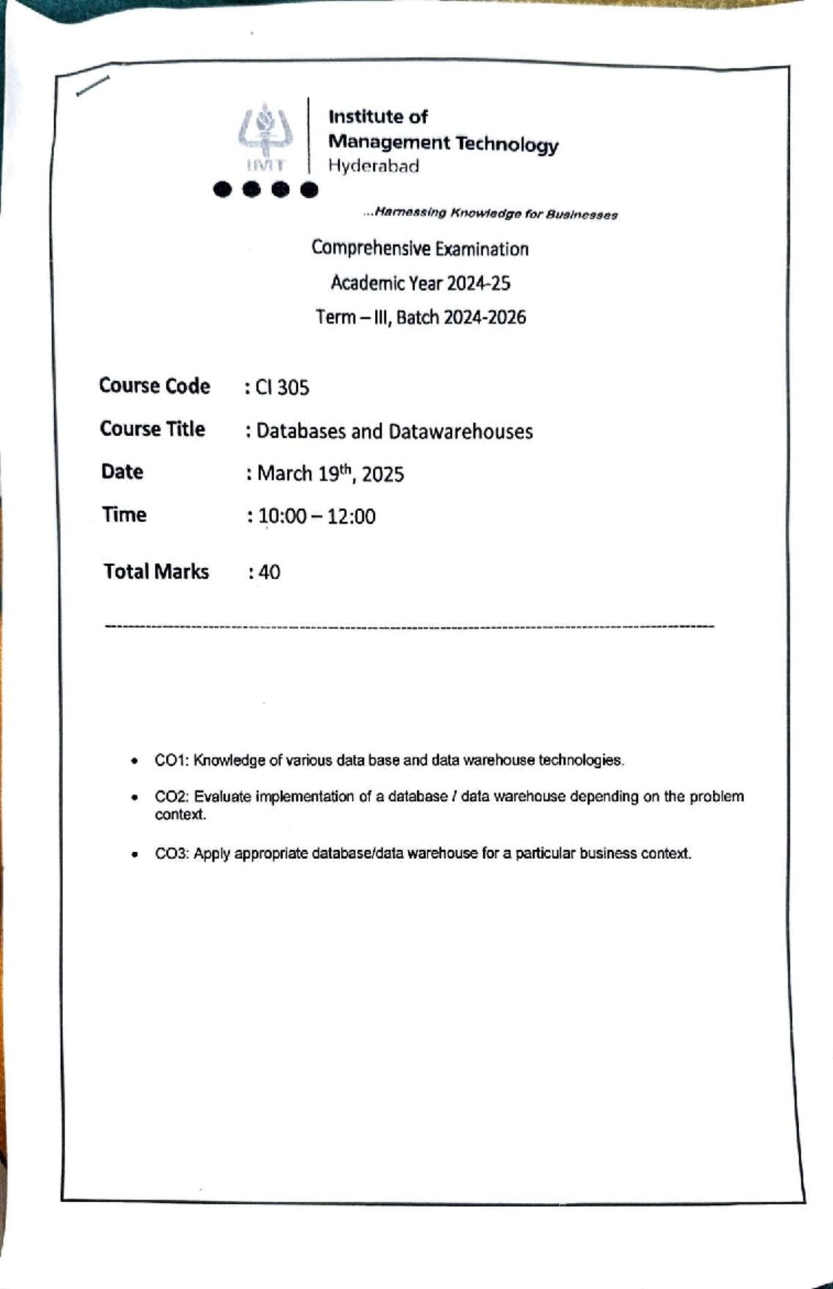 Comprehensive Exam: Databases & Data Warehouses (C1 305) - Studocu