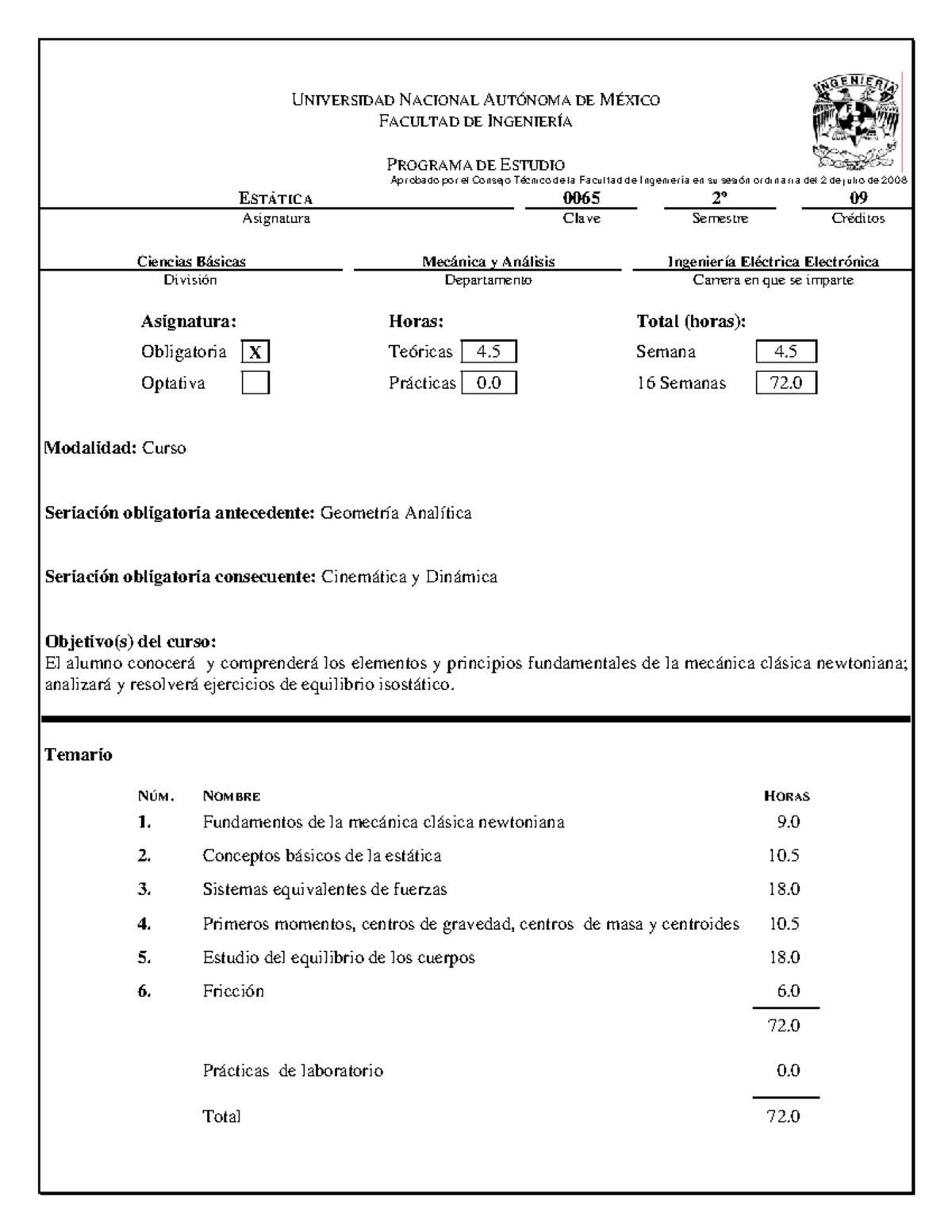 Estática 0065 - Programa de Estudio y Objetivos del Curso - Studocu