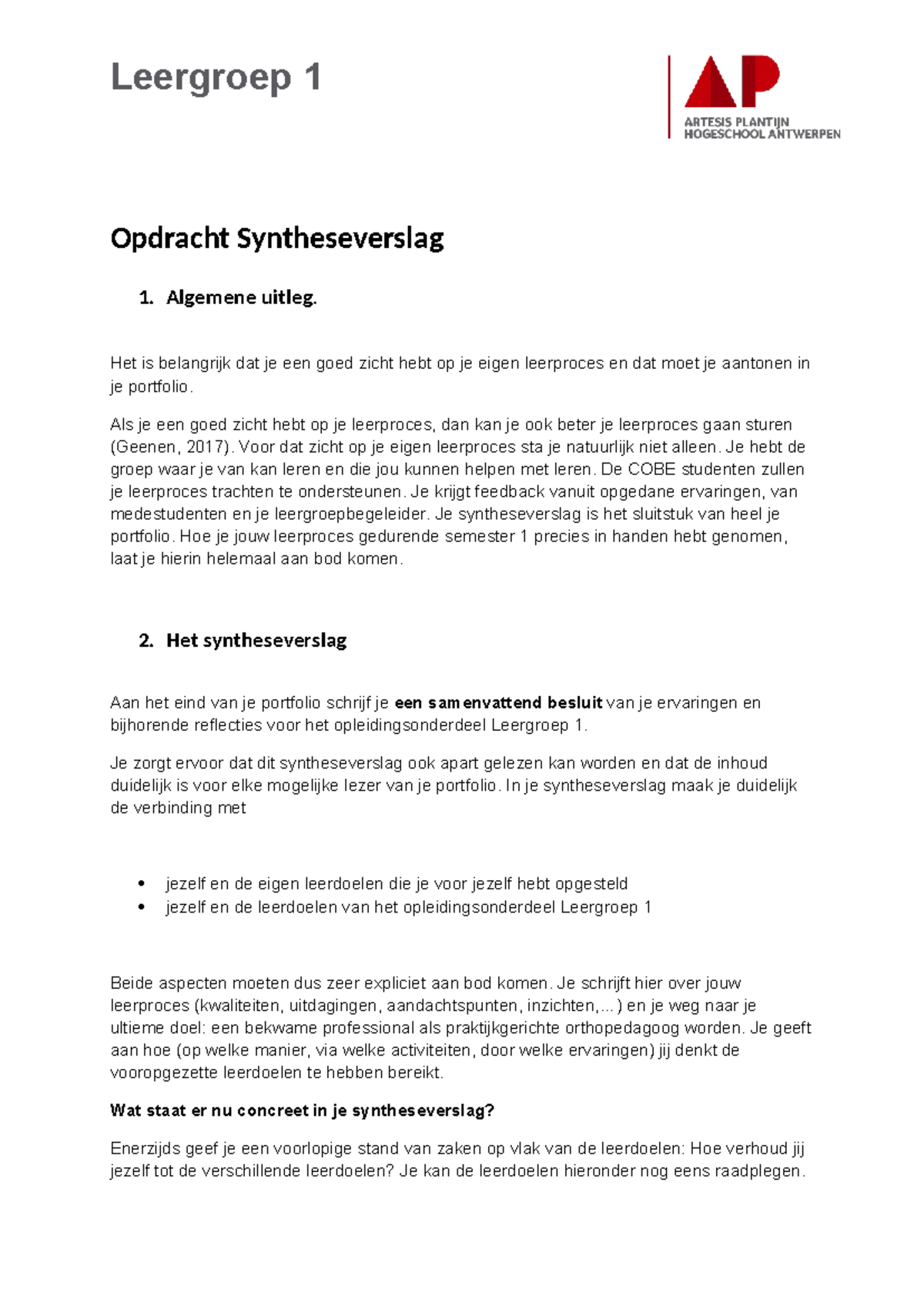 2425 Leergroep 1 Syntheseverslag: Reflectie op Leerproces - Studocu