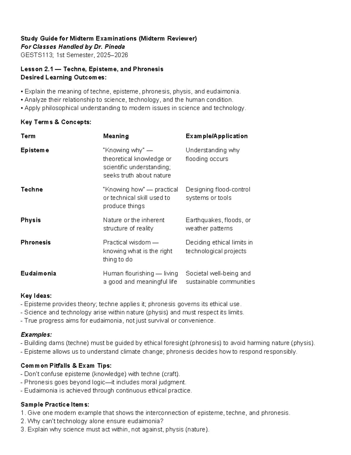 STS 1st Sem Midterm Reviewer: Techne, Episteme, & Human Flourishing ...
